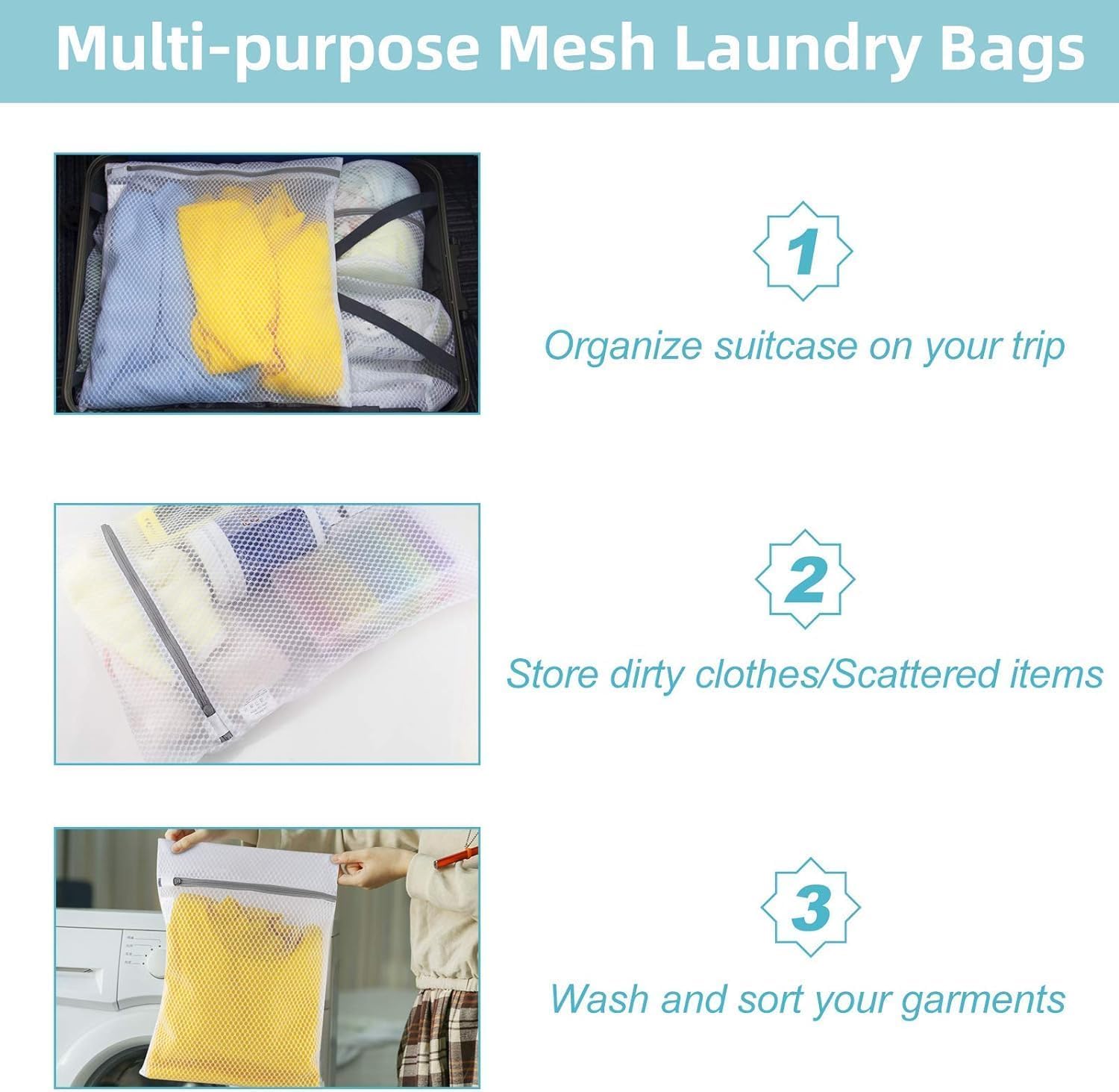 3Pcs Durable Fine Mesh Washer Bags For Delicate Clothes. Suitable For Full-size Washing Machines and Portable Washing Machines, 12 x 16 inches (XYD-9)