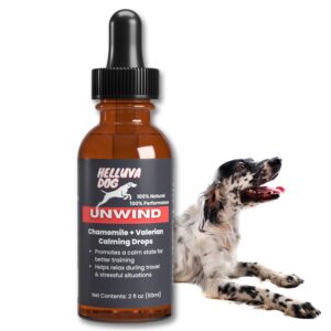 unwind by helluva dog - natural anxiety calming drops for active performance dogs — mct oil, chamomile & valerian drops for focused training, relaxation before and after activity, 2oz bottle