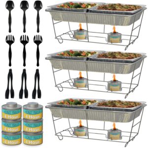 3-pack disposable chafing dish buffet set + fuel + serving utensils - full size buffet warmers with 6 half size food pans, 4 hour fuel cans, 9 serving utensils, frame, for catering and parties