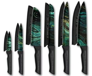 hunter.dual knife set, 12-pc colorful kitchen knife set, 6 sharp kitchen knives with covers for cooking, cutting&chopping, greenstone