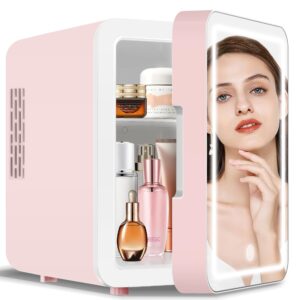 nishcon skincare fridge with dimmable led light mirror, 4l/6can cooler warmer mini fridge for skin care cosmetic makeup beauty, portable mini skincare fridge for bedroom dorm office rv and car, pink