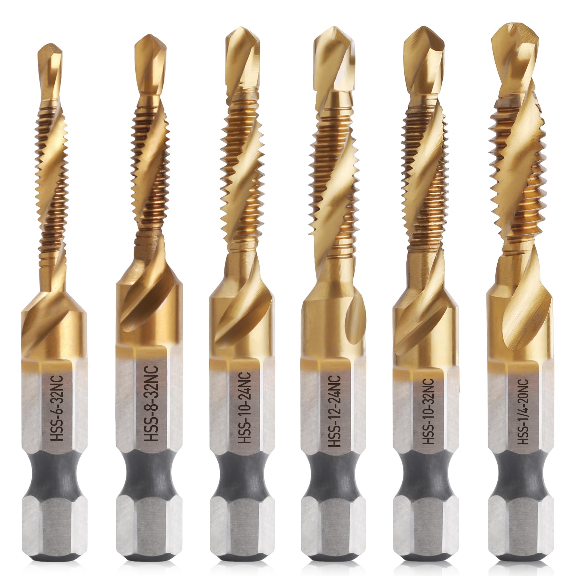 AIMLENTOOL 6PCS Combination Drill and Tap Bit Set, 3-in-1 Titanium Coated HSS Screw Tapping Bit for Drilling, Tapping and Deburring, SAE Size 6-32NC to 1/4-20NC, 1/4" Hex Shank and Storage Case