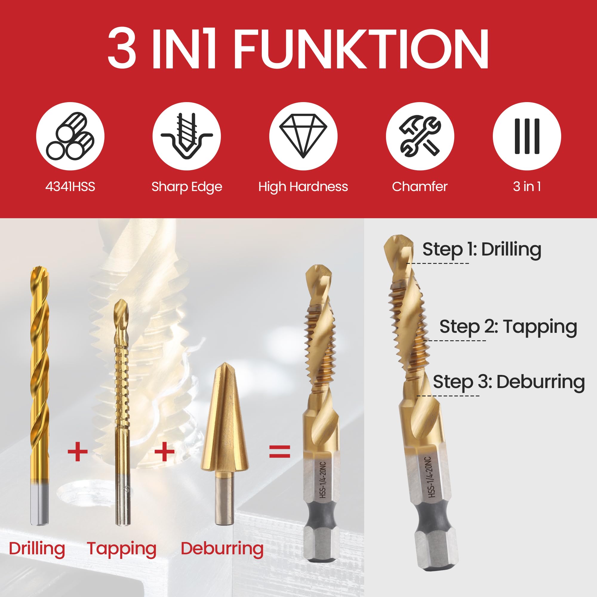 AIMLENTOOL 6PCS Combination Drill and Tap Bit Set, 3-in-1 Titanium Coated HSS Screw Tapping Bit for Drilling, Tapping and Deburring, SAE Size 6-32NC to 1/4-20NC, 1/4" Hex Shank and Storage Case