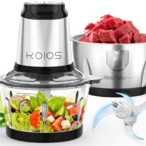 KOIOS 500W Powerful Electric Food Processor with 8 Cup Stainless Steel & Glass Bowls, 2 Speed Mode Electric Food Chopper with 2 Sets Blades Electric Meat Grinder Chopper for Family & Baby Use, Black