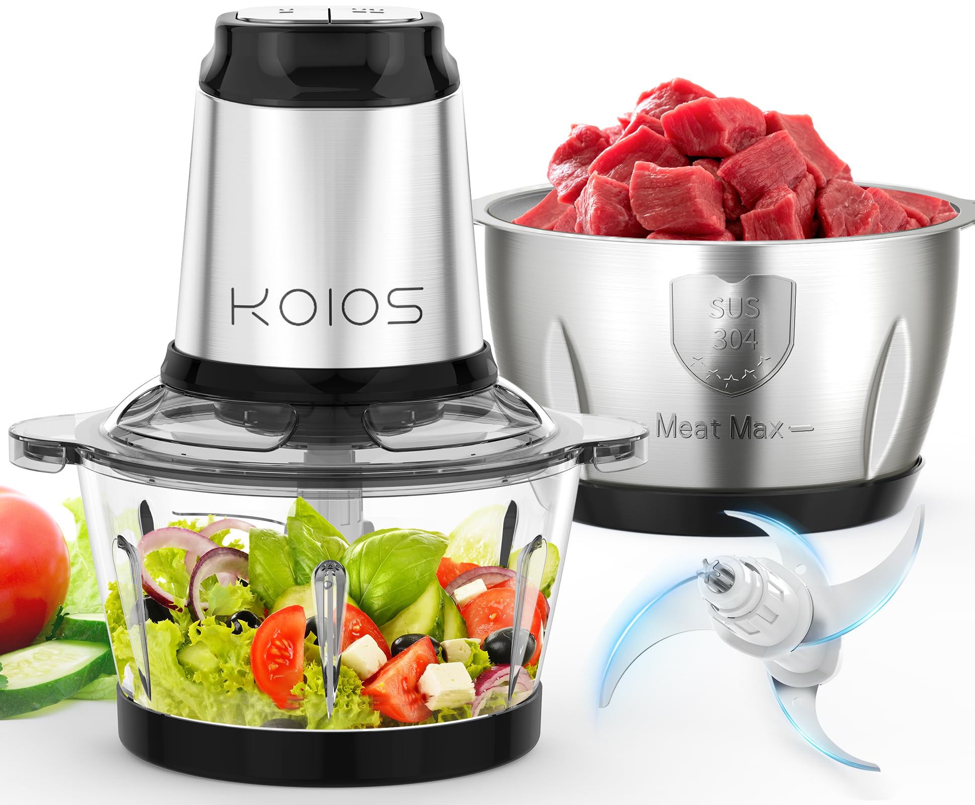 KOIOS 500W Powerful Electric Food Processor with 8 Cup Stainless Steel & Glass Bowls, 2 Speed Mode Electric Food Chopper with 2 Sets Blades Electric Meat Grinder Chopper for Family & Baby Use, Black