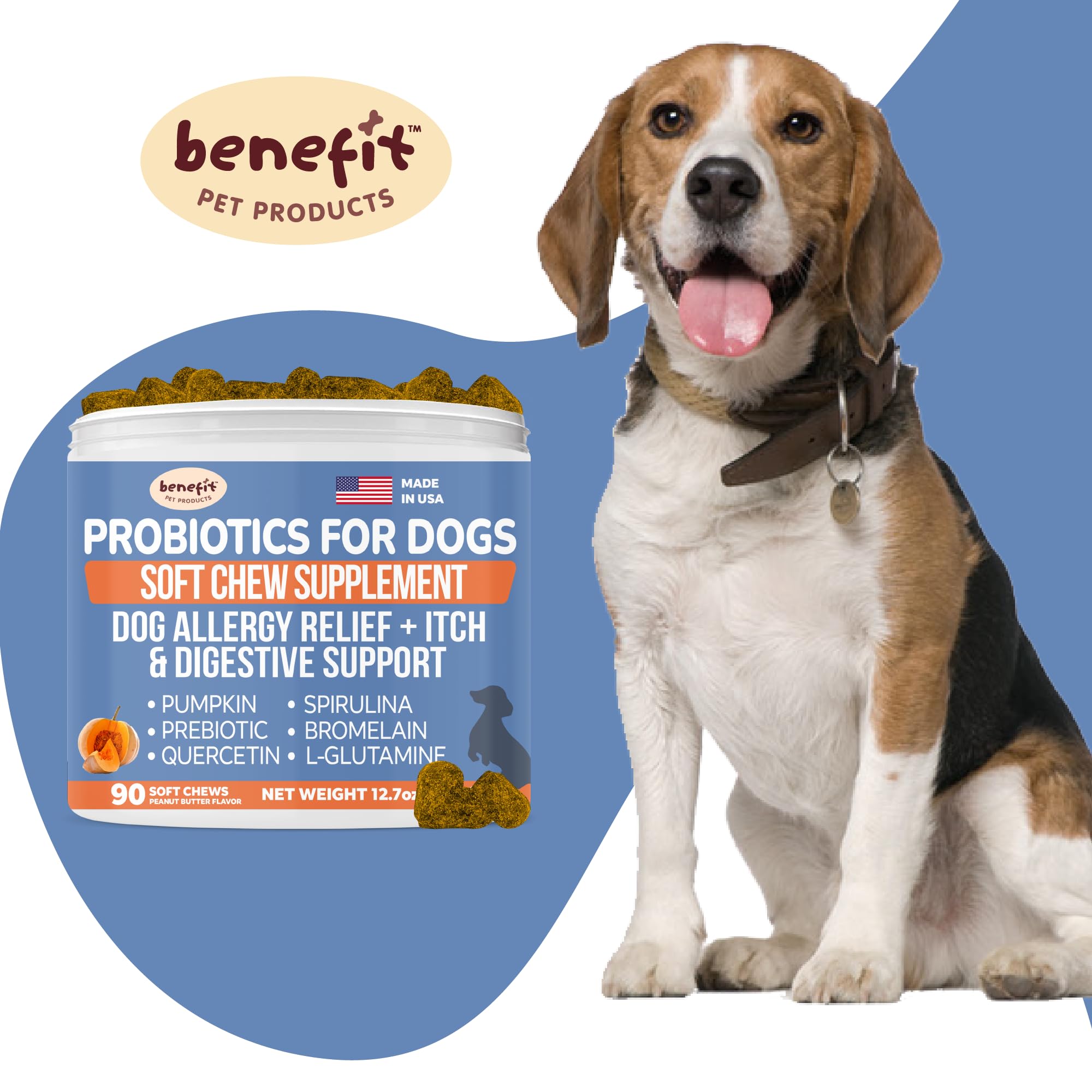 Probiotics for Dogs, Allergy Relief Soft Chew Treats, Fiber Supplement & Enzyme Prebiotic for Digestion Support, Itchy Skin, Reduce Diarrhea - Pumpkin for Dogs, Made in USA (90 ct)