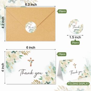 BYBOUS 25 Pack Thank You Cards with Envelope & Stickers, 4 * 6in Watercolor Cross Flower Blank Inside Thank You Card for Baptism, Wedding, Funeral, Bridal Shower, Baby Shower, Communion