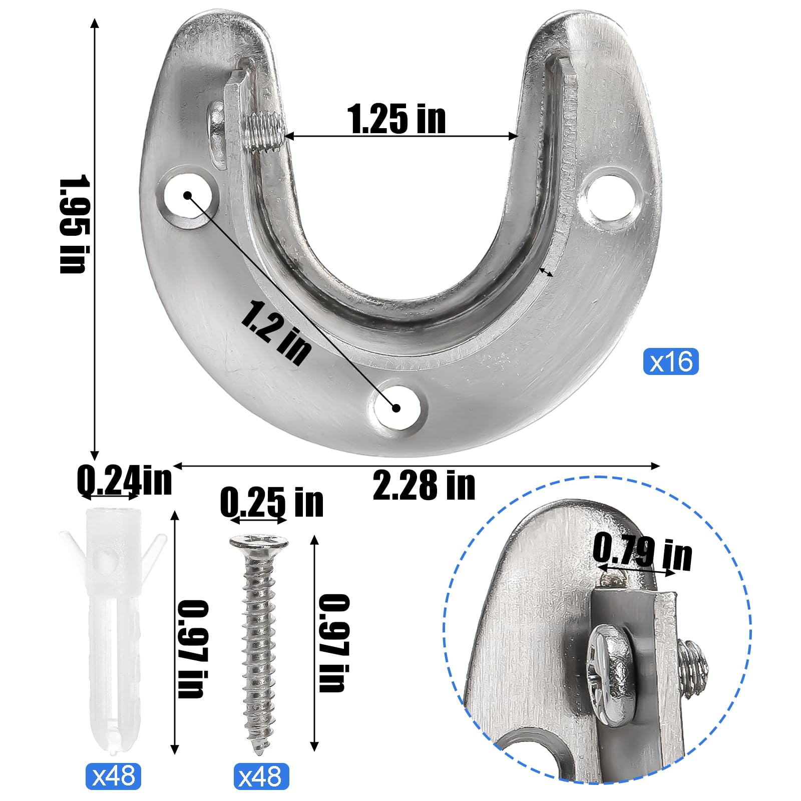 Coloch 16 Pack Stainless Steel Closet Pole Sockets, 1-1/4 Inch Closet Rod Support U-Shaped Curtain Rod Holders Flange Set Rod Holder with Screws