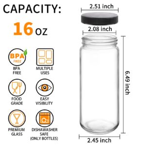 HINGWAH 16 OZ Glass Juice Bottles, Set of 12 Glass Drinking Bottles with Lids, Clear Glass Juice Jars, Reusable Juice Storage Containers for Juicing, Milk, Smoothies, Tea, Kombucha, Homemade Beverages