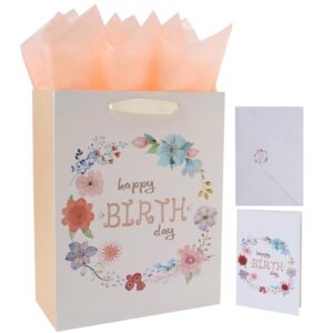 13" large white gift bag set with greeting card and tissue papers（flowers and happy birthday）for women's or men's birthday party, boys', girls', or kids' parties, baby shower, baby boy or girl - 10.2”x5.2”x13”, 1 pcs.