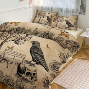 gdscclgx vintage gothic floral raven comforter cover sets 3 piece twin size,rustic spring rose colorful butterfly skull raven print duvet cover set 2 pillowcases(no insert)