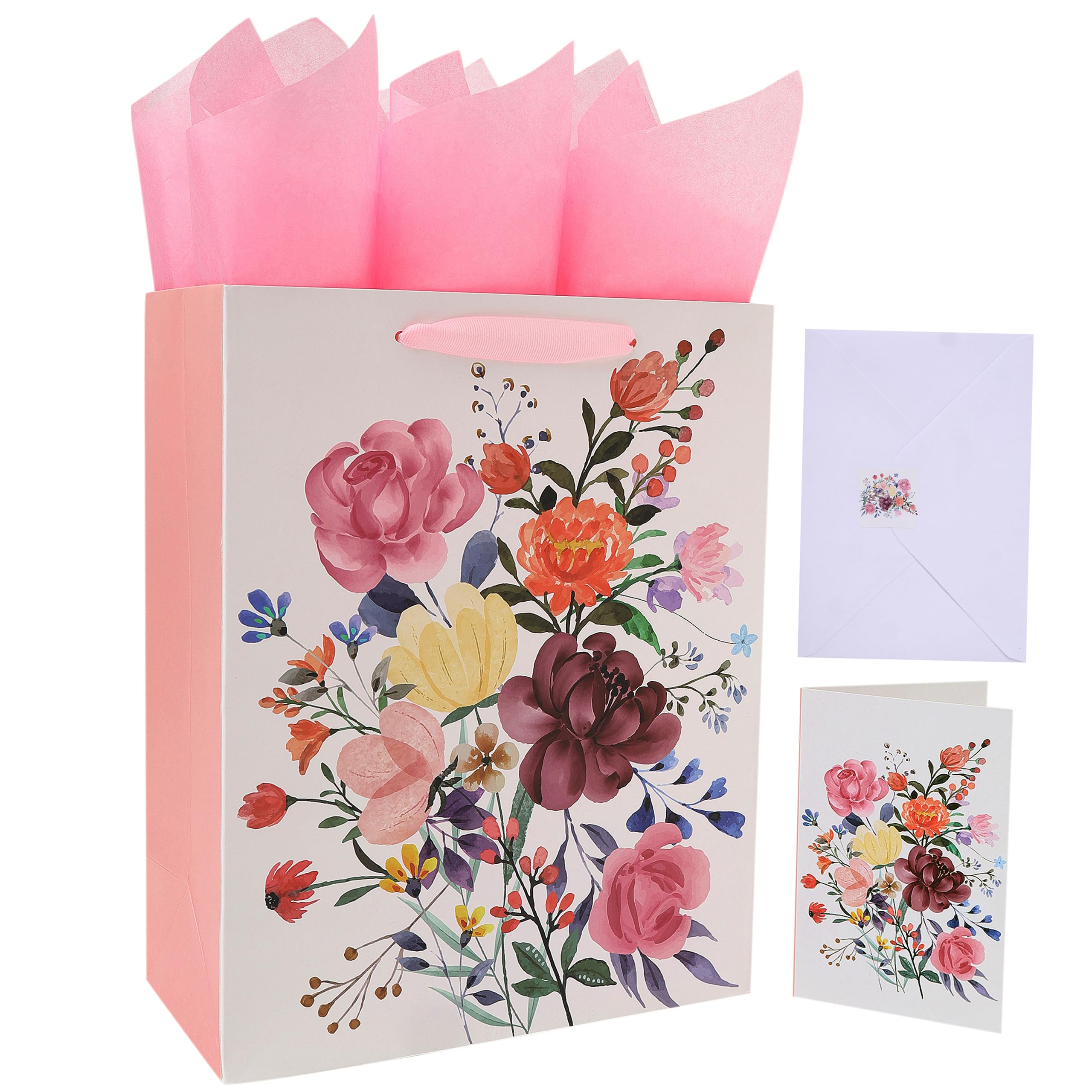 13" Large White Gift Bag Set with Greeting Card and Pink Tissue Papers（Flowers Design）for Women's Birthday Party, Girls' Parties, Baby Shower, Mothers' Day, Wedding, Anniversary, - 10.2”x5.2”x13”, 1 Pcs.