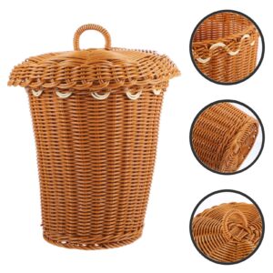 Kichvoe Wicker Trash Can with Lid Small Trash Can Laundry Sundries Basket Rattan Waste Basket Rustic Boho Woven Garbage Bin Office Rubbish Can for Bedroom Bathroom Office