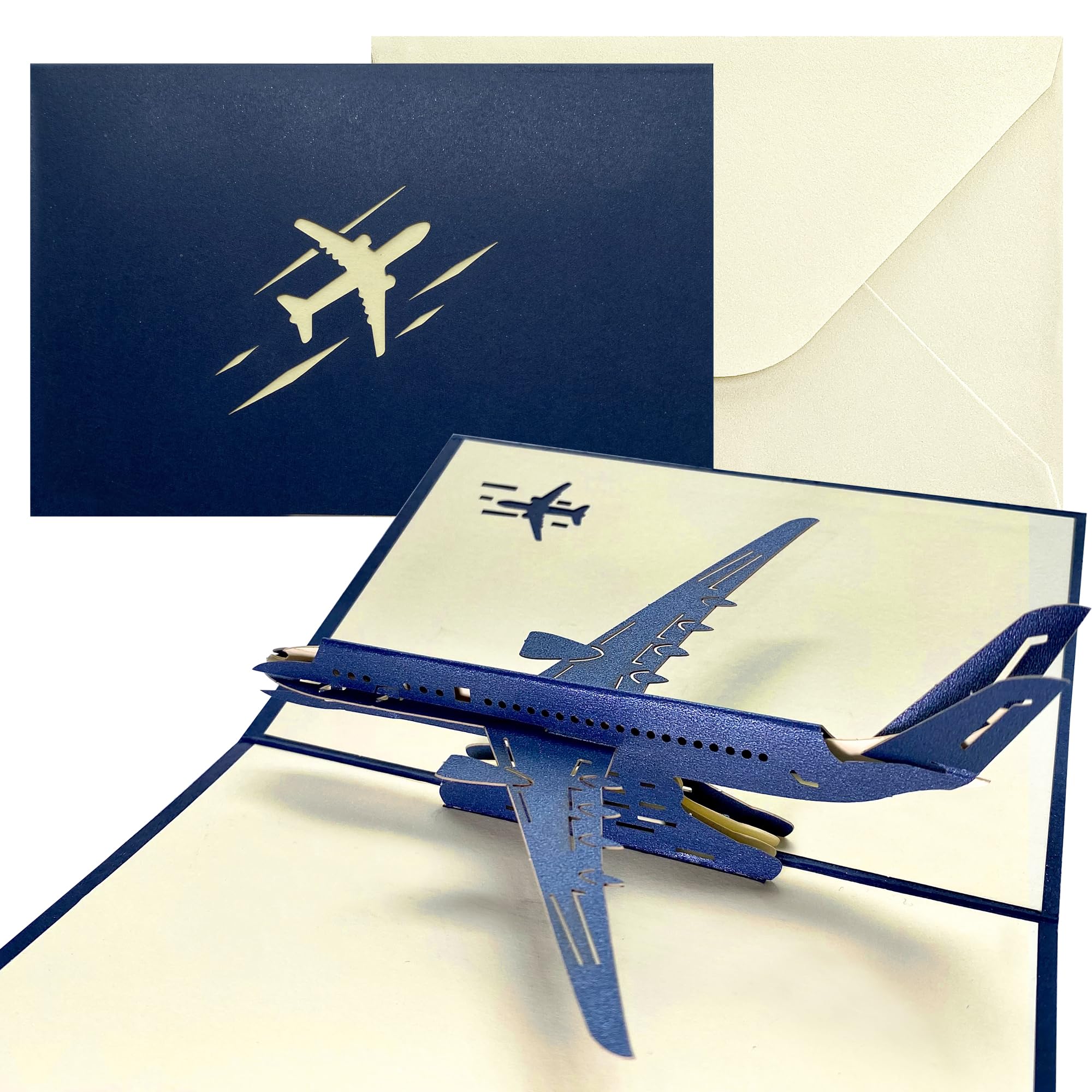 Life-Mate Airplane Pop Up Card, 3D Popup Greeting Cards with Envelope Aircraft for Travel Birthday Graduation Gift Men (Blue)