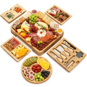 charcuterie boards deluxe gift set - 23 pieces, bamboo - large cheese board plus fruit tray for thanksgiving party, christmas present, birthday w/ utensil drawer, knives, forks, wine opener & more