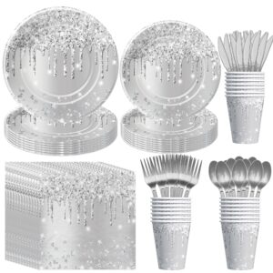 yjrjsc silver plates and napkins party supplies - silver party decorations tableware for birthday bridal shower, paper plate, napkin, cup, cutlery, diamonds silver glitter table decorations | serve 24