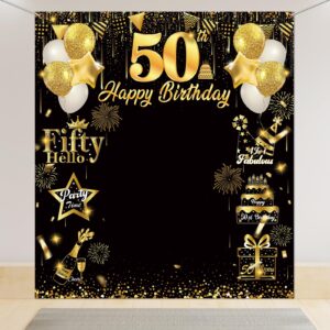 50th birthday decorations banner, large 50th birthday backdrop for photo booth props, black and gold fifty birthday decorations 50th birthday photo backdrop for men women outdoor indoor