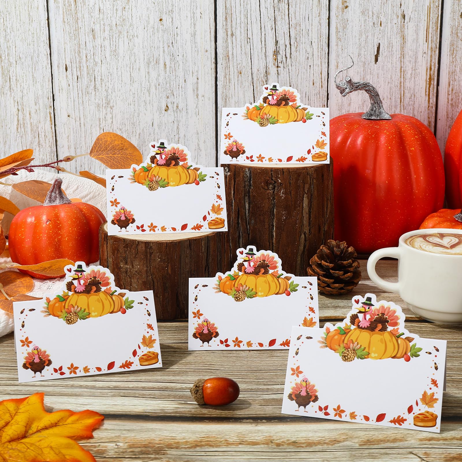 Whaline 100Pcs Thanksgiving Place Cards Turkey Pumpkin Leaves Tent Name Cards Fall Blank Seating Cards for Autumn Wedding Birthday Party Supplies, 2 x 3.5 Inch