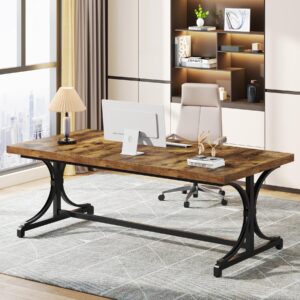 tribesigns 62.4-inch executive desk, rectangle office computer desk with thick wooden tabletop and metal frame, study writing table workstation for home office, rustic brown & black