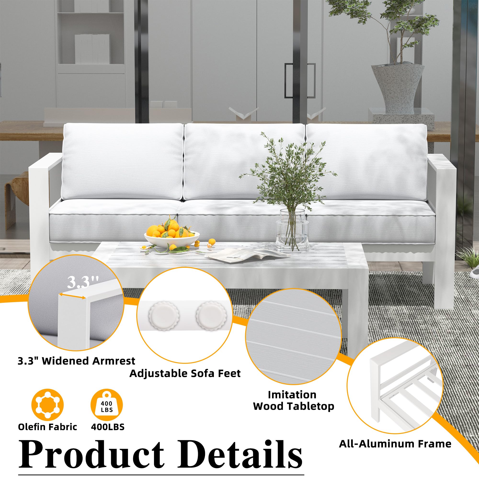 MU Aluminum Patio Furniture Set, 5 Pieces Modern Outdoor Sectional Sofa Couch with Upgrade Cushion and Coffee Table, Oversized Patio Conversation Set, White Frame and Light Grey Cushion