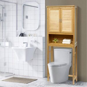 RoyalHouse Bamboo Over The Toilet Storage Cabinet with Bottom Shelf, Free Standing Storage Cabinet, Perfect Bathroom Space Saver with Double Door Organizer