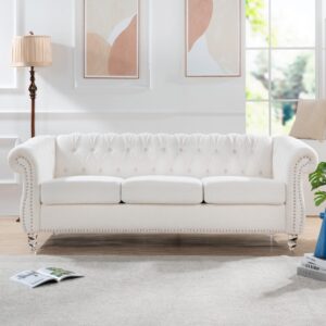 84" chesterfield sofa, mid-century modern velvet upholstered sofa, deep button tufted living room sofa with roll arms and nailhead for living room, bedroom, office, apartment (white)