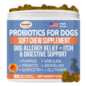 probiotics for dogs, allergy relief soft chew treats, fiber supplement & enzyme prebiotic for digestion support, itchy skin, reduce diarrhea - pumpkin for dogs, made in usa (90 ct)