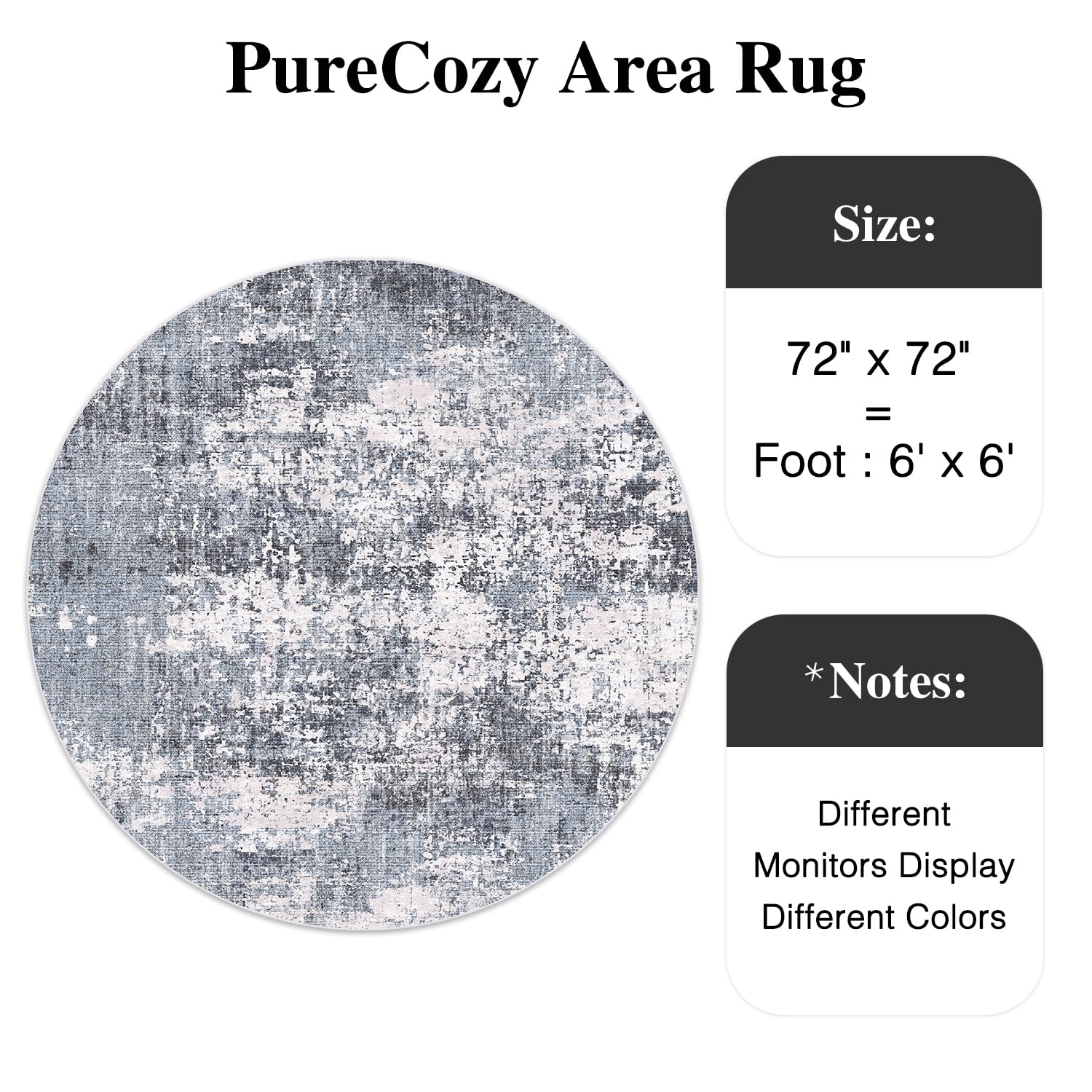 PureCozy Modern Abstract Round Area Rug 6ft Grey Circle Entryway Rug 6x6 Machine Washable Kitchen Accent Rug Indoor Low Pile Carpet Distressed Throw Rug Living Room Bedroom Office Laundry Non Slip