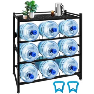 eastrexon 5 gallon water jug holder heavy duty，4-tier water jug rack w/top shelf, wall mount water bottle holder for 9 bottles, powder coated water rack stand for home, office, restaurant, gym.