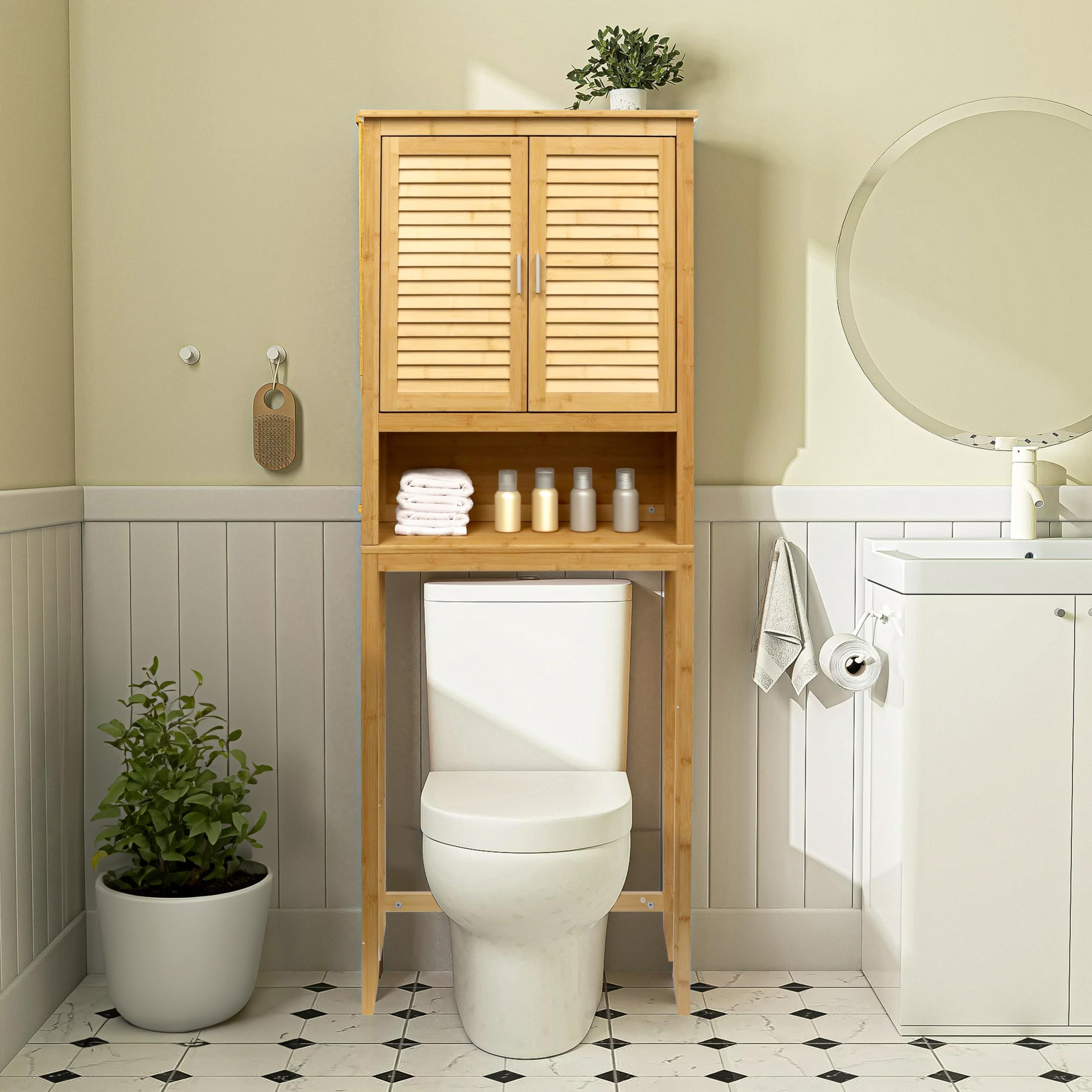 RoyalHouse Bamboo Over The Toilet Storage Cabinet with Bottom Shelf, Free Standing Storage Cabinet, Perfect Bathroom Space Saver with Double Door Organizer