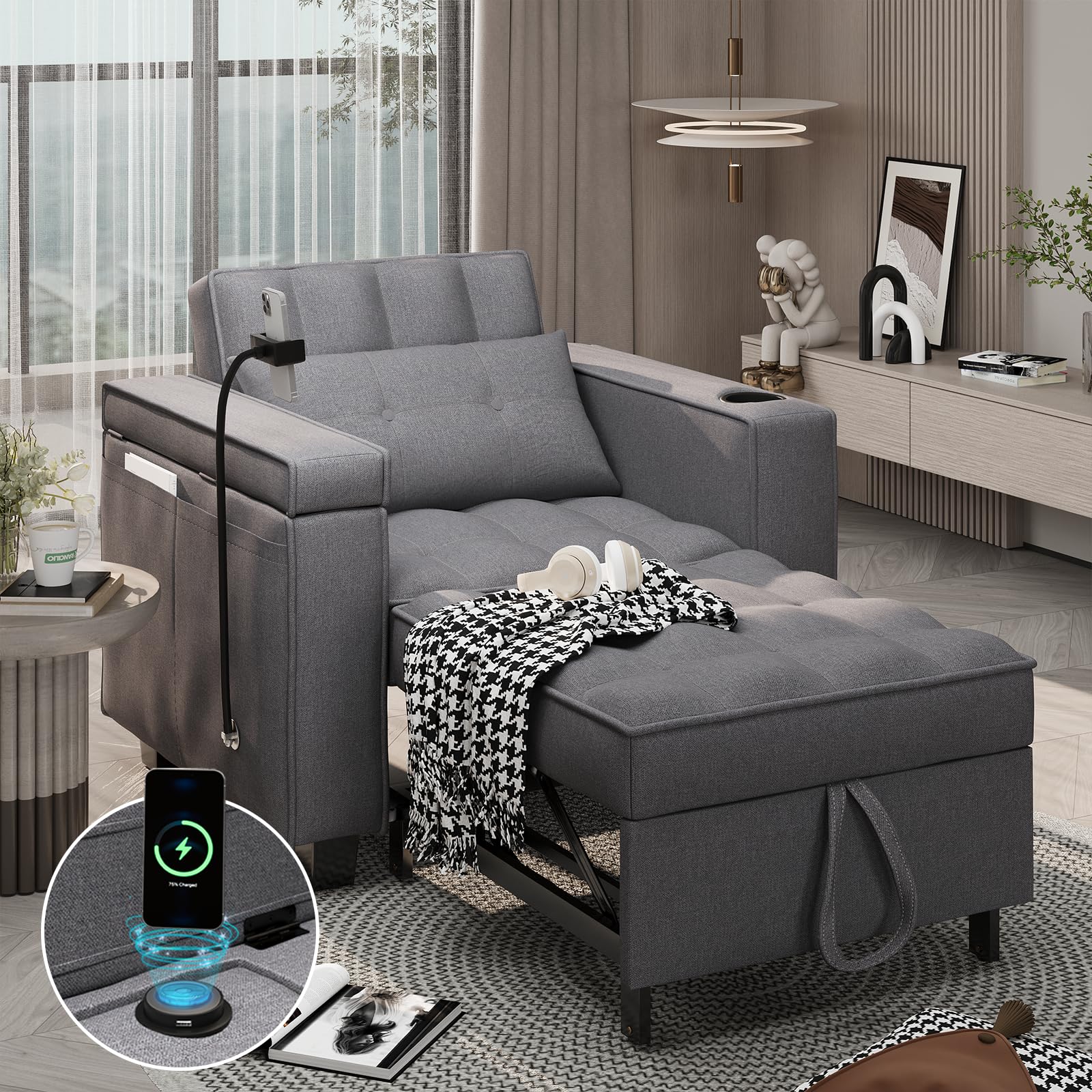 Sofa Bed, 3-in-1 Convertible Chair Bed Sleeper with Phone Holder, Pull Out Sofa Bed with w USB&Type C Port and Wireless Charging, Reading Chair with Adjustable Backrest, Sofa Bed Couch for Living Room