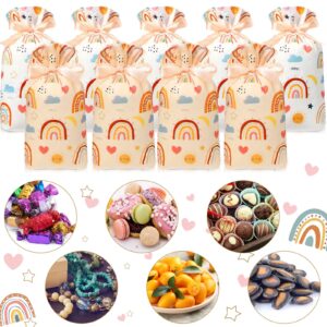 Bulyoou 50 Pcs Boho Gift Bags Bulk Bohemian Plastic Drawstring Bags Hippie Retro Birthday Candy Bags Rainbow Party Favor Bags for Kids Birthday Boho Party Supplies