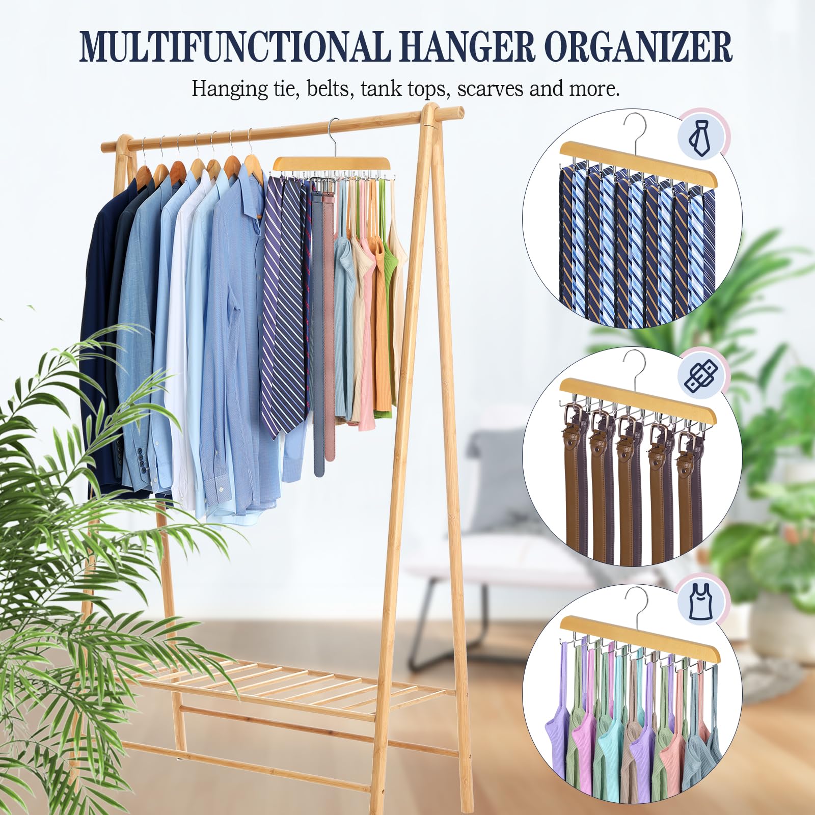 Tie Rack Belt Hanger for Closet, Fitnice Upgraded Non Slip Tie Hanger Space Saving with 20 Foldable Hooks Wooden Belt Tie Organizer for Tank Tops Bras Cami Scarves