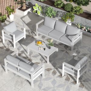 mu aluminum patio furniture set, 5 pieces modern outdoor sectional sofa couch with upgrade cushion and coffee table, oversized patio conversation set, white frame and light grey cushion