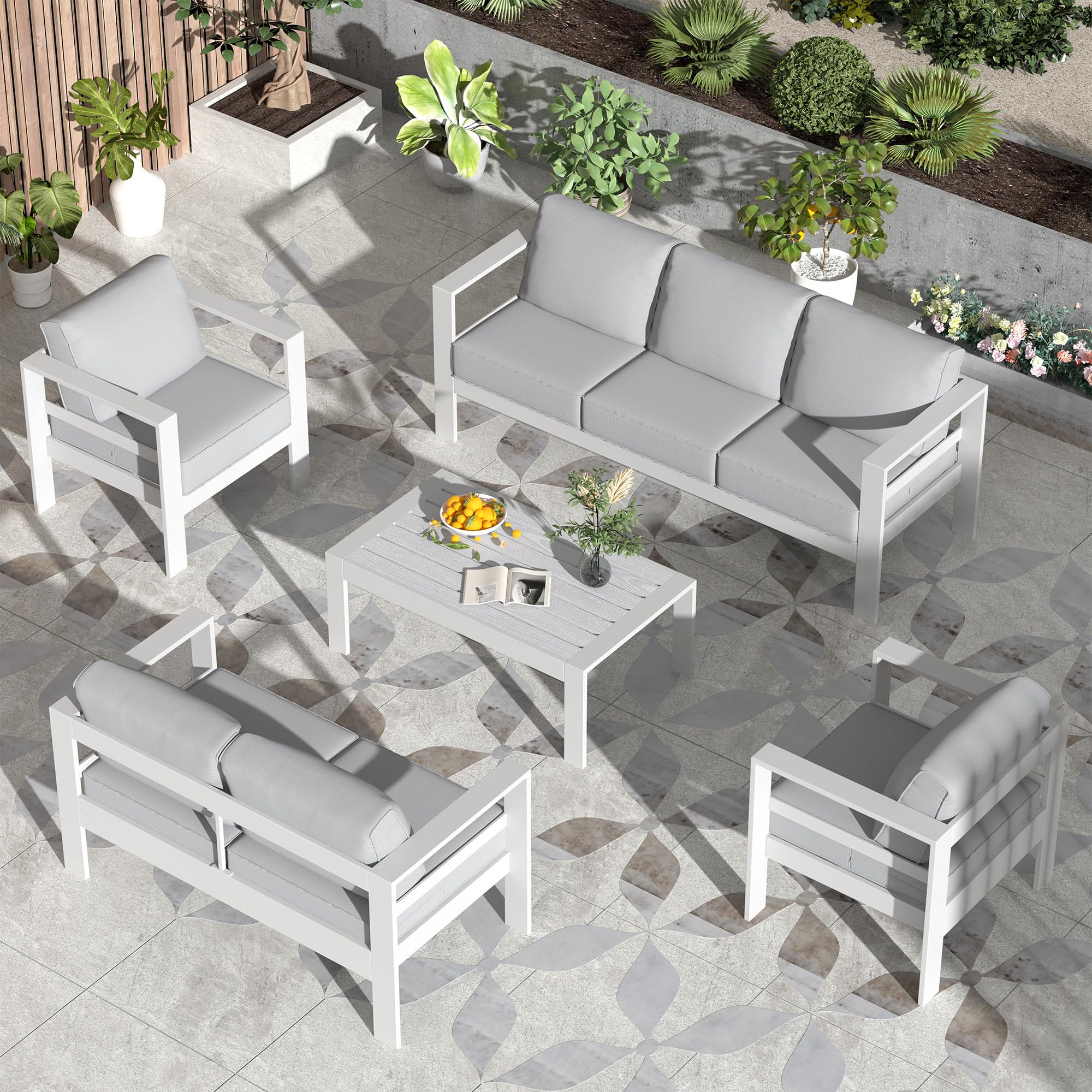 MU Aluminum Patio Furniture Set, 5 Pieces Modern Outdoor Sectional Sofa Couch with Upgrade Cushion and Coffee Table, Oversized Patio Conversation Set, White Frame and Light Grey Cushion