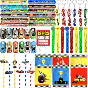 race car party favors 72 pcs mini race car treat bag slap bracelets keychain bubble paper straws gift rewards for birthday supply classroom reward