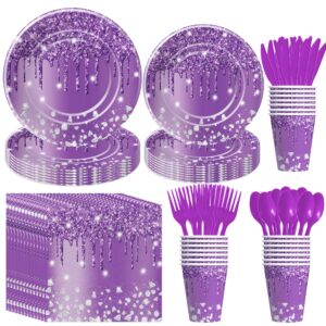 yjrjsc purple plates and napkins party supplies - purple party decorations tableware, paper plate, napkin, cup, disposable cutlery, glitter purple bridal shower birthday table decorations | serve 24