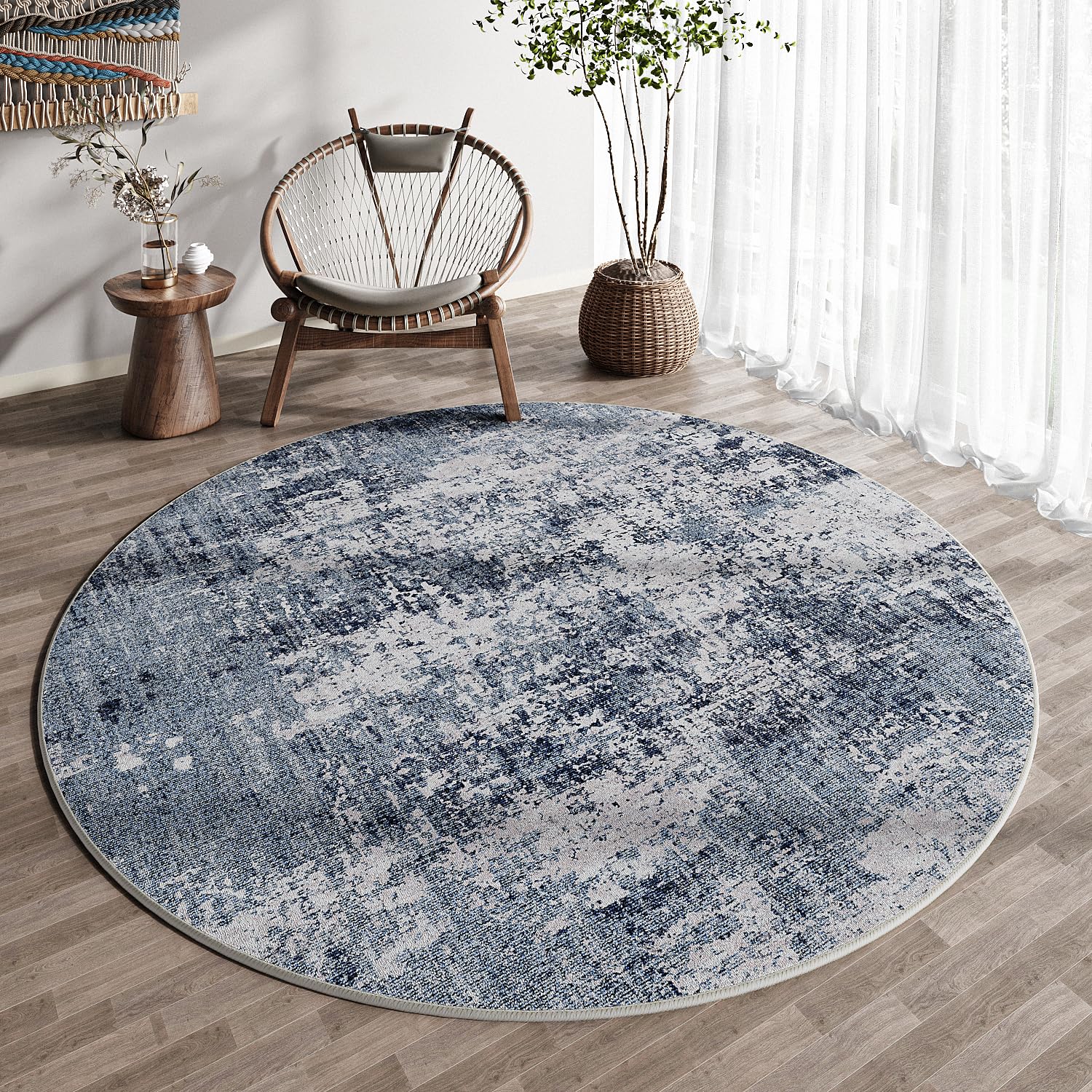 PureCozy Modern Abstract Round Area Rug 6ft Grey Circle Entryway Rug 6x6 Machine Washable Kitchen Accent Rug Indoor Low Pile Carpet Distressed Throw Rug Living Room Bedroom Office Laundry Non Slip