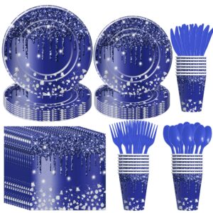 yjrjsc navy blue plates and napkins party supplies - blue and silver party decorations tableware, paper plate, napkin, cup, cutlery, blue glitter bridal shower birthday table decorations | serve 24