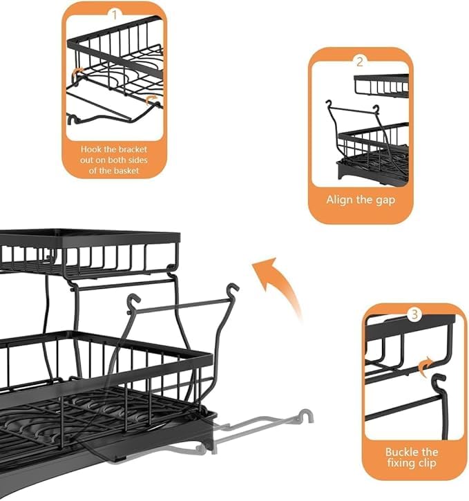 Jkdream Dish Drying Rack, 2 Tier Dish Racks for Kitchen Counter, Large Stainless Steel Kitchen Dish Drying Rack,Detachable Large Capacity Dish Drainer Organizer with Utensil Holder, Drain Board,Black