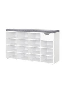 dinzi lvj shoe bench, entryway storage bench with drawer and 15 cubbies, cubby shoe rack with adjustable shelves, shoe organizer cabinet for living room, bedroom, mudroom, closet and garage, white