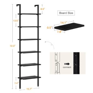 ODK Ladder Shelf, 6 Tier Black Bookshelf, 86 Inch Wall Mounted Book Shelf with Metal Frame, Ladder Bookshelf Bookcase for Bedroom, Home Office and Living Room