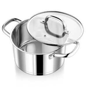 p&p chef 4qt stainless steel stock pot with lid, cooking pasta pot with tri-ply base for induction gas electric stoves, double riveted handles, sturdy & dishwasher safe