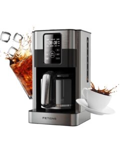 fetions coffee maker with glass carafe for home office, programmable stainless steel drip coffee machine with timer auto shut-off, led screen, 12-cup coffee pot with anti-drip system, reusable filter