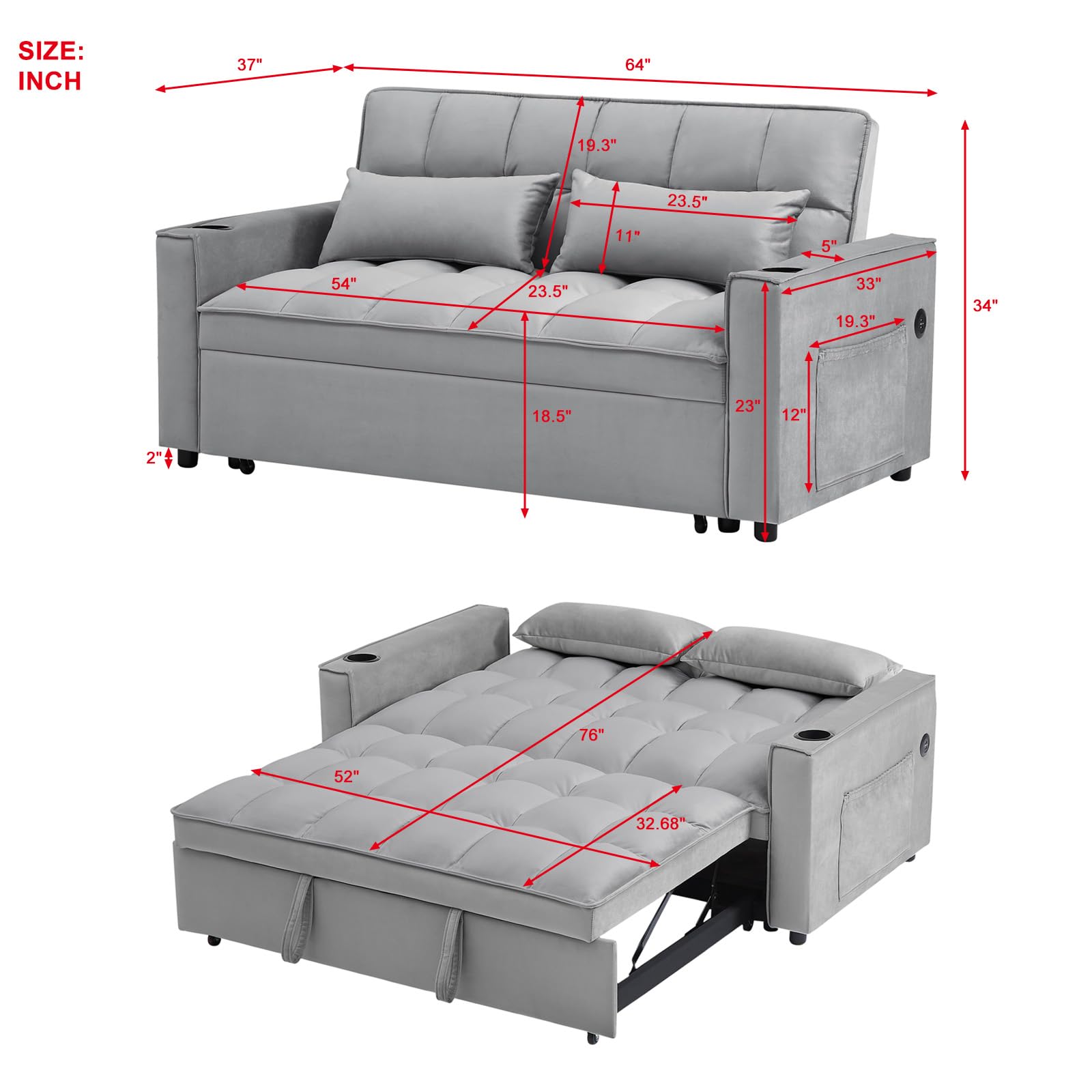 ERYE 64" W Oversized Loveseat Sofa Convertible Spacious Full Size Sofabed with Cupholders, Pull Out Couch Bed,USB Charging Ports and Storage Pockets for Home Apartment Office Living Room