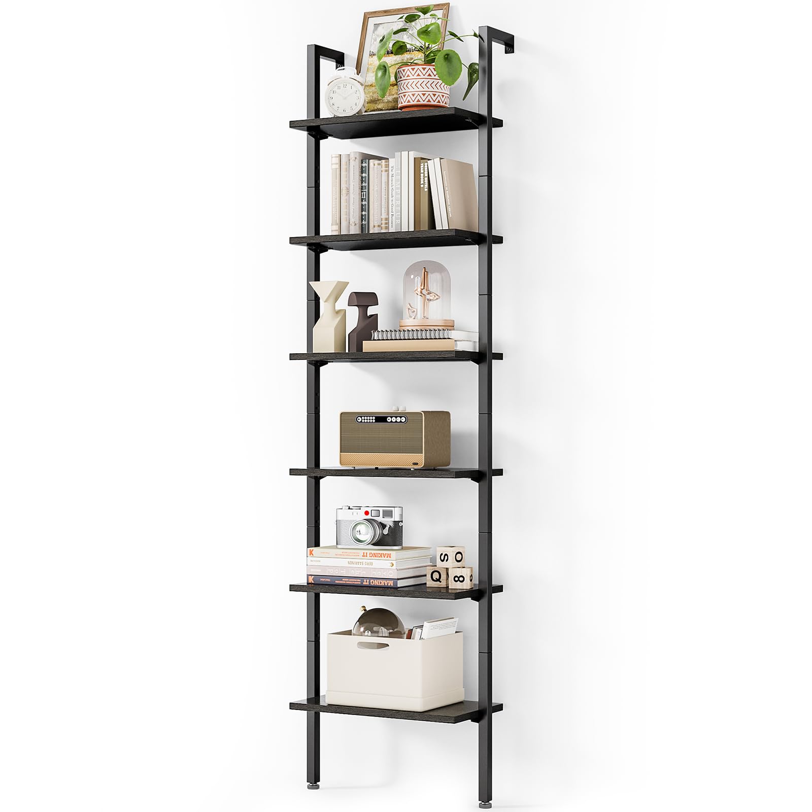 ODK Ladder Shelf, 6 Tier Black Bookshelf, 86 Inch Wall Mounted Book Shelf with Metal Frame, Ladder Bookshelf Bookcase for Bedroom, Home Office and Living Room