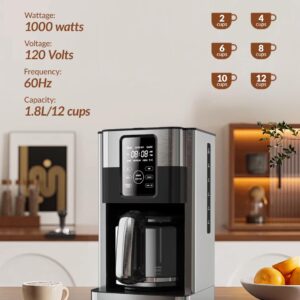 FETIONS Coffee Maker with Glass Carafe for Home Office, Programmable Stainless Steel Drip Coffee Machine with Timer Auto Shut-Off, LED Screen, 12-Cup Coffee Pot with Anti-Drip System, Reusable Filter