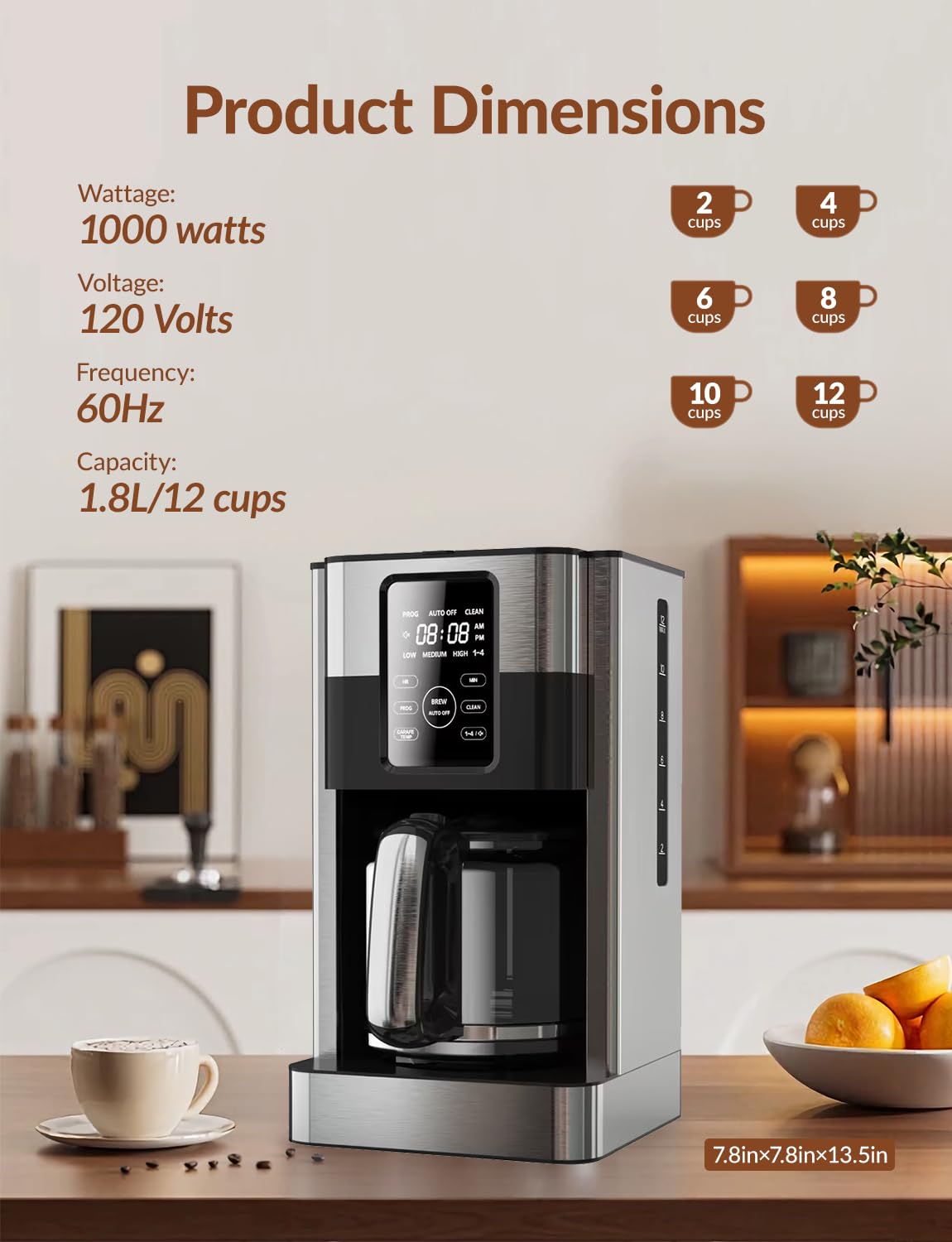 FETIONS Coffee Maker with Glass Carafe for Home Office, Programmable Stainless Steel Drip Coffee Machine with Timer Auto Shut-Off, LED Screen, 12-Cup Coffee Pot with Anti-Drip System, Reusable Filter