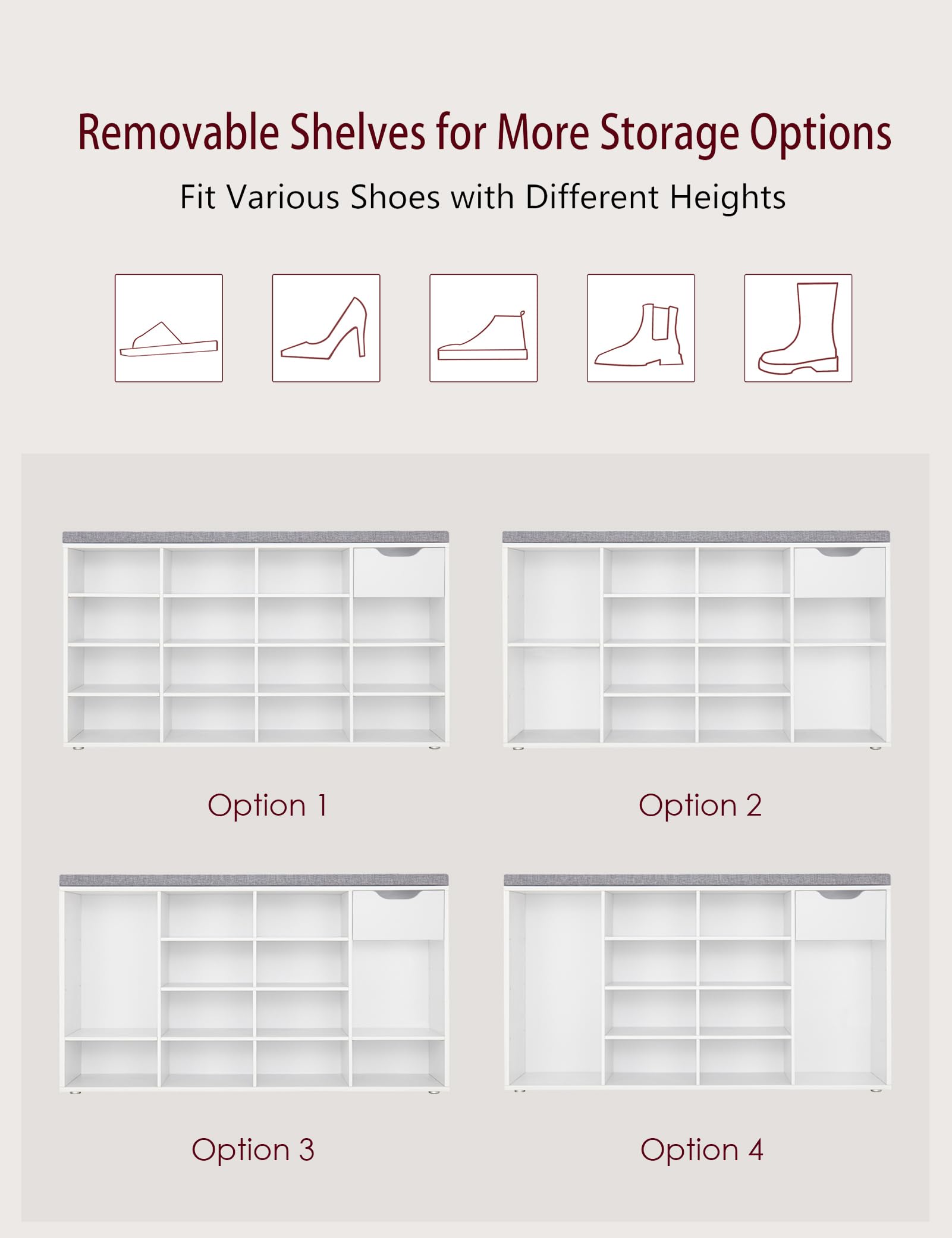 DINZI LVJ Shoe Bench, Entryway Storage Bench with Drawer and 15 Cubbies, Cubby Shoe Rack with Adjustable Shelves, Shoe Organizer Cabinet for Living Room, Bedroom, Mudroom, Closet and Garage, White