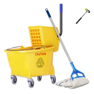 commercial mop bucket with side press wringer on wheels with industrial heavy duty mop, 35-quart, yellow,ldeal for household and public places floor